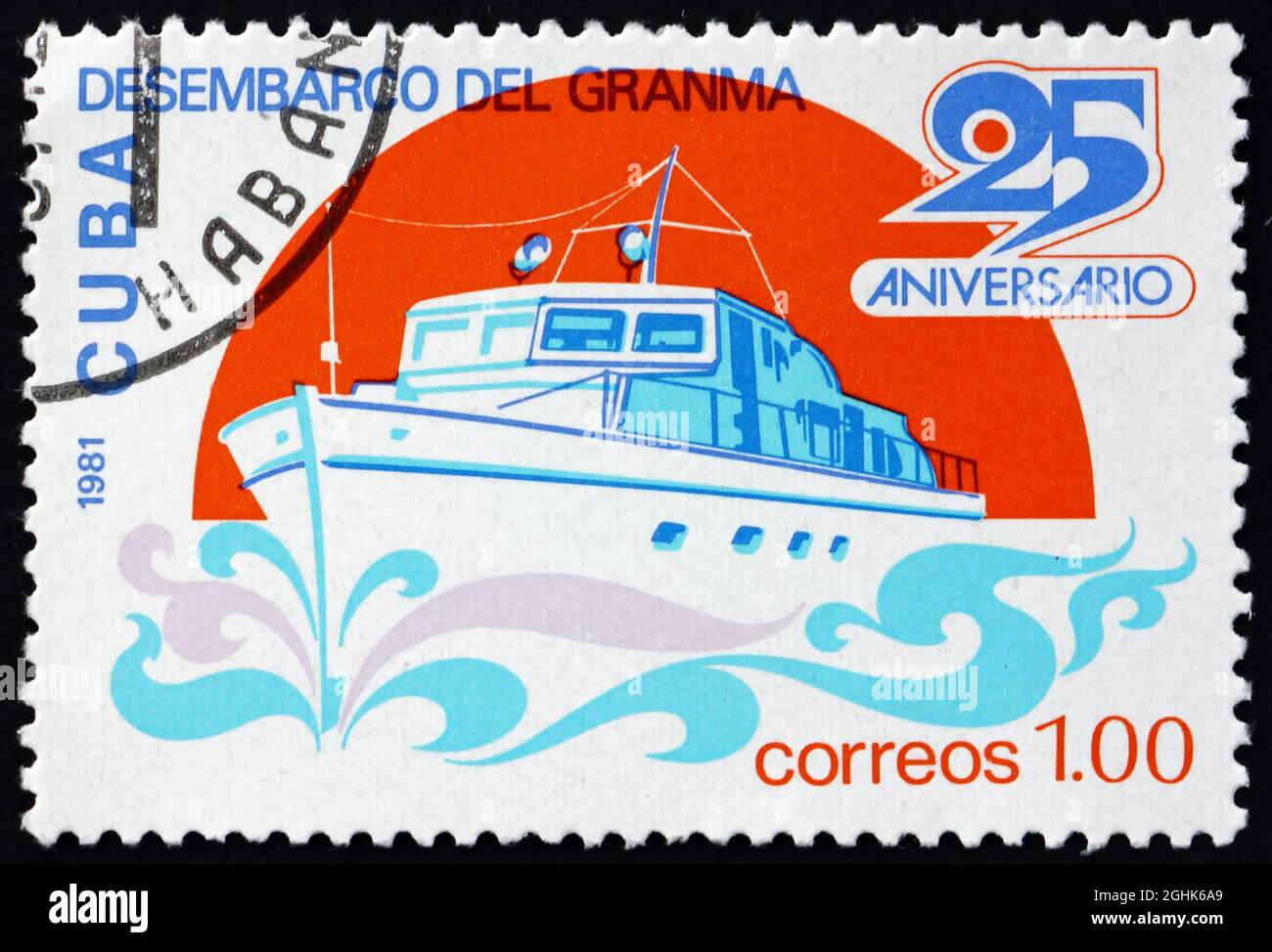 CUBA - CIRCA 1981: a stamp printed in Cuba shows yacht Granma, 25th ...