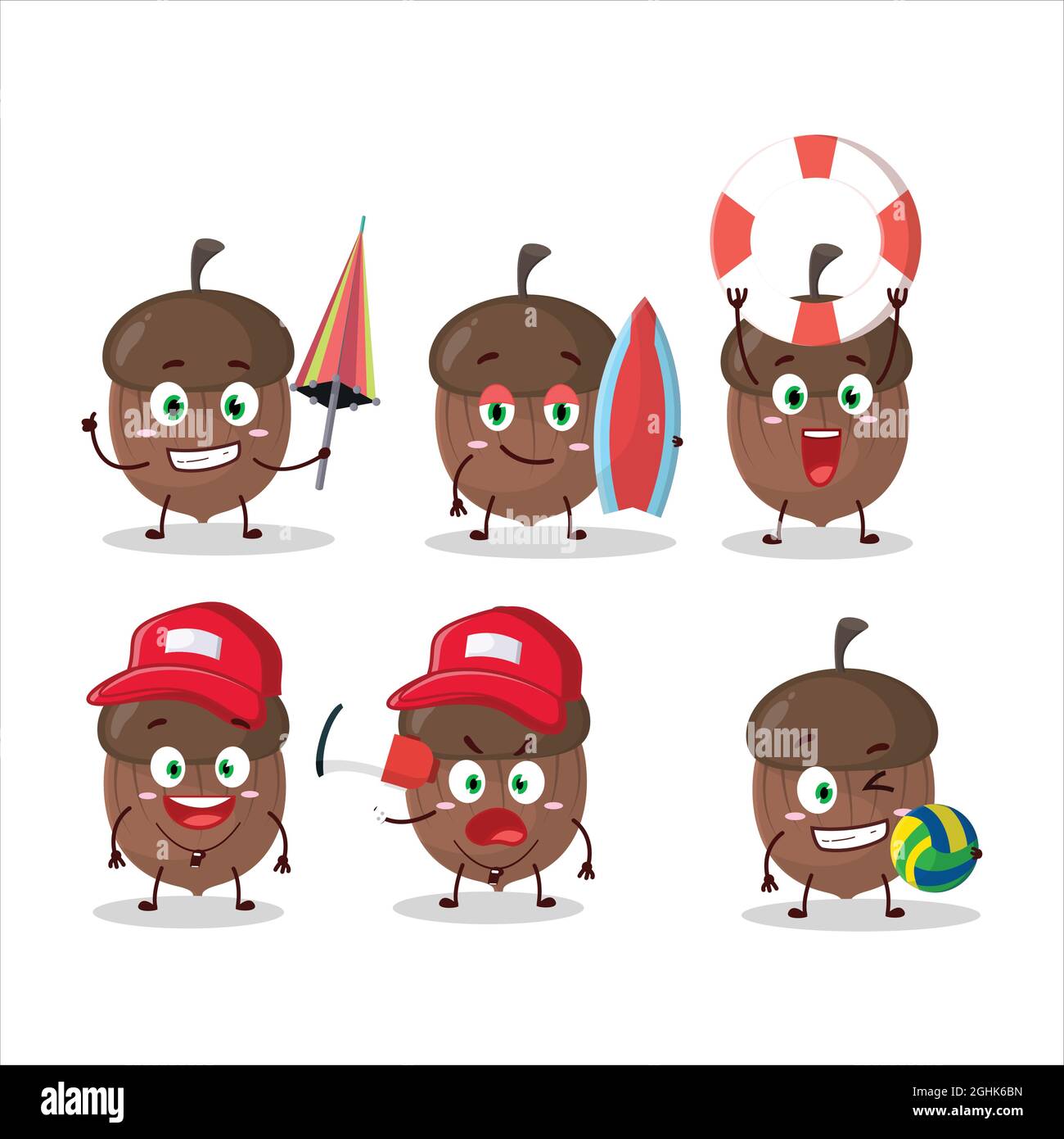 Happy Face acorn cartoon character playing on a beach. Vector ...