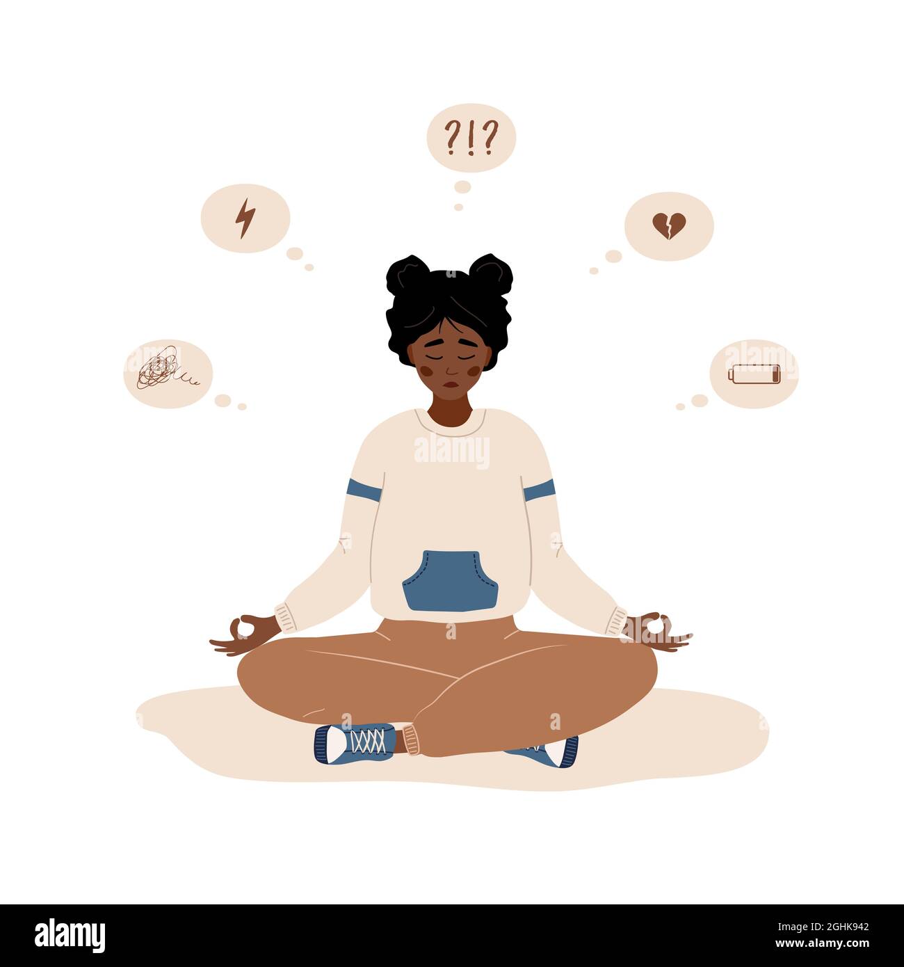 Mood disorder. Sad african woman sitting in lotus position. Mental ...