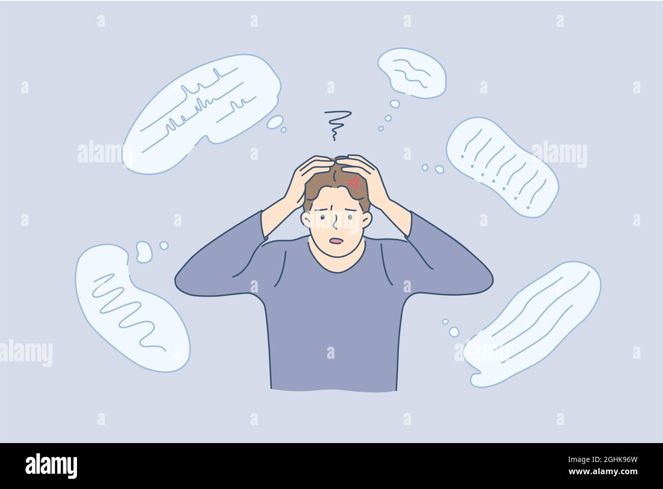 Stress, exhaustion, fullness of thoughts concept. Young stressed man ...