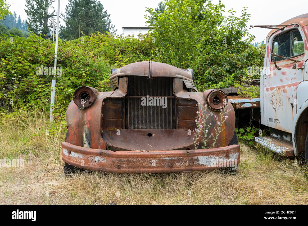 An abandoned rusty antique truck with an exposed radiator Stock Photo ...