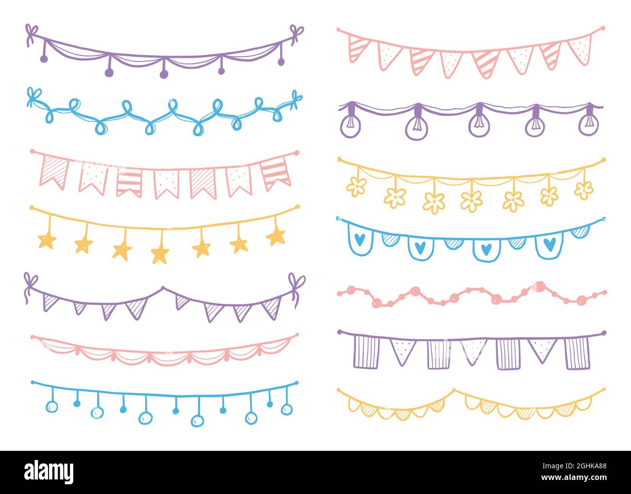 Party garland set with flag, bunting, pennant. Hand drawn sketch doodle ...