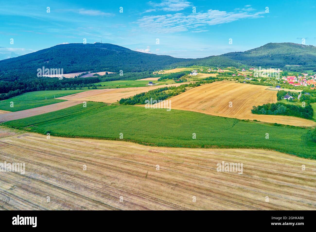 Aerial view of agricultural and green fields in countryside. Nature ...