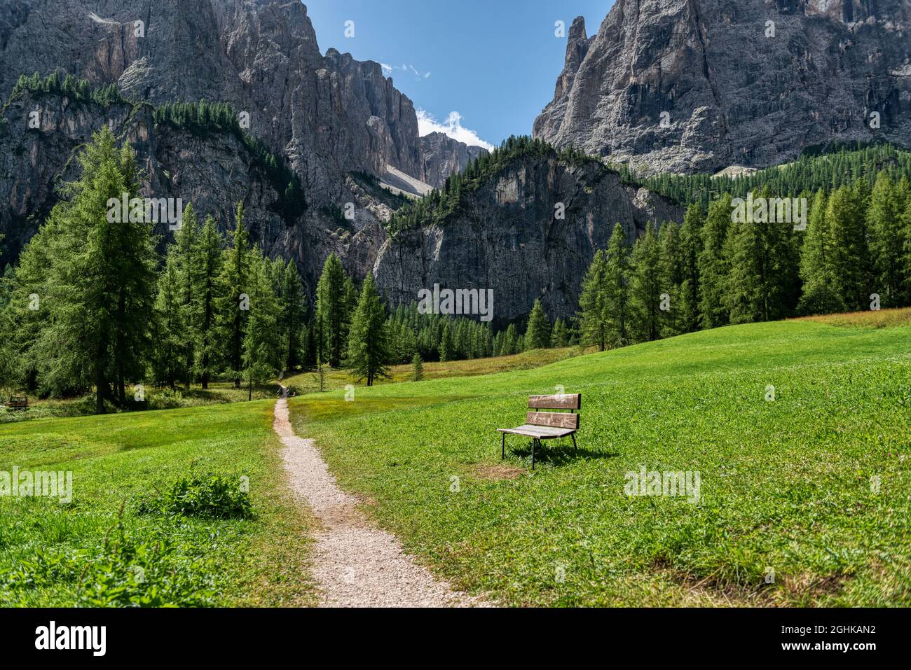 Mountain path in the Valley of Alta Badia with Group of Sella in ...