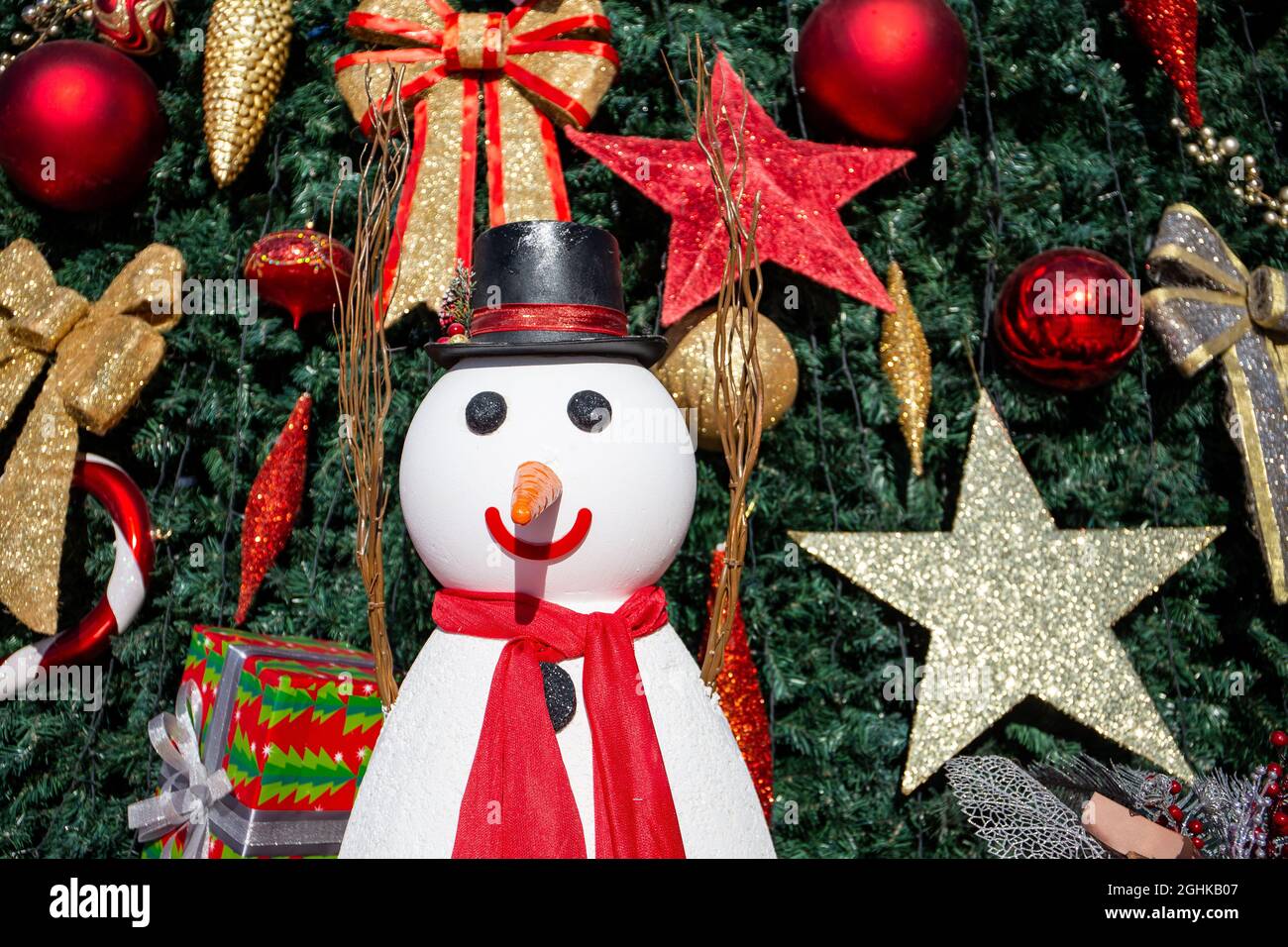 Snowman figurine, with christmas tree decorations in the background ...