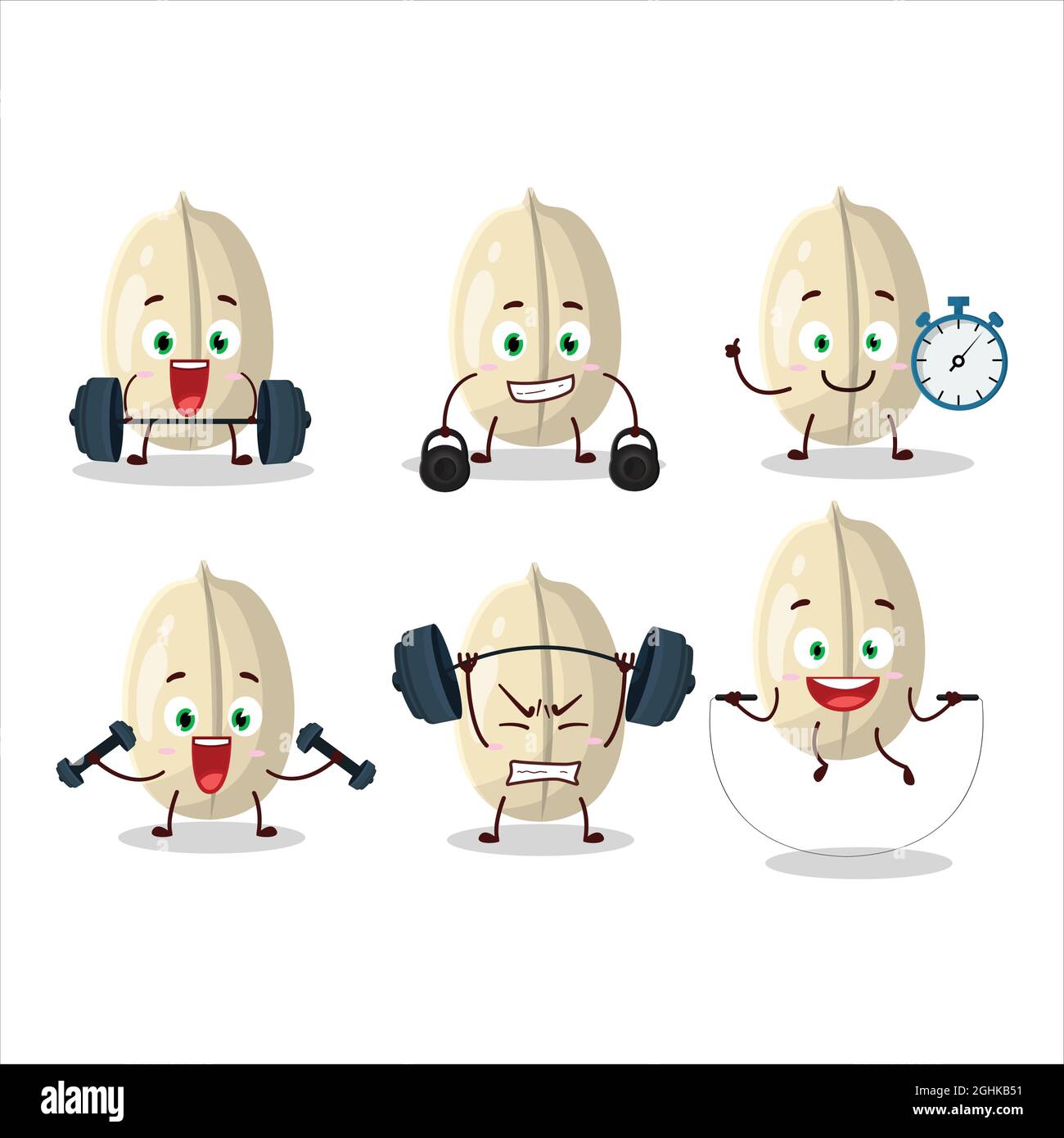 A healthy peanut Seed cartoon style trying some tools on Fitness center ...