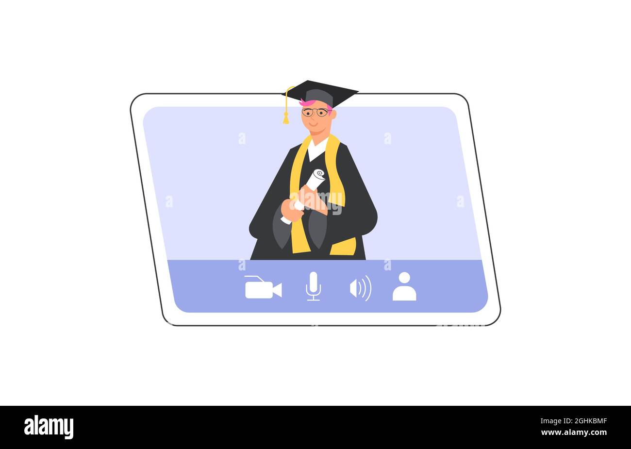 Online Video Graduation ceremony on distance. Happy graduate man on pc ...