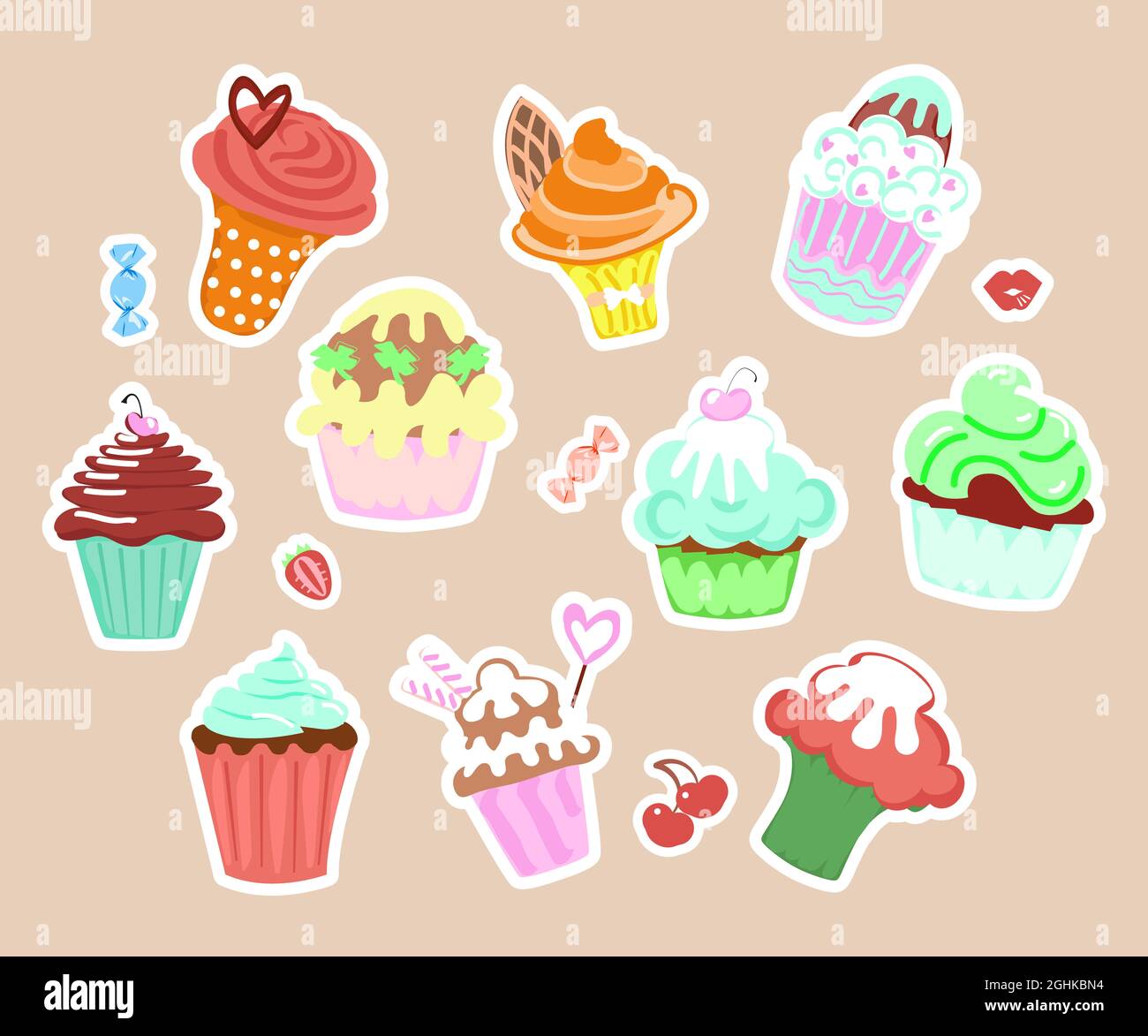 Set of funny cupcakes stickers for scrapbook. Cute sticky labels ...