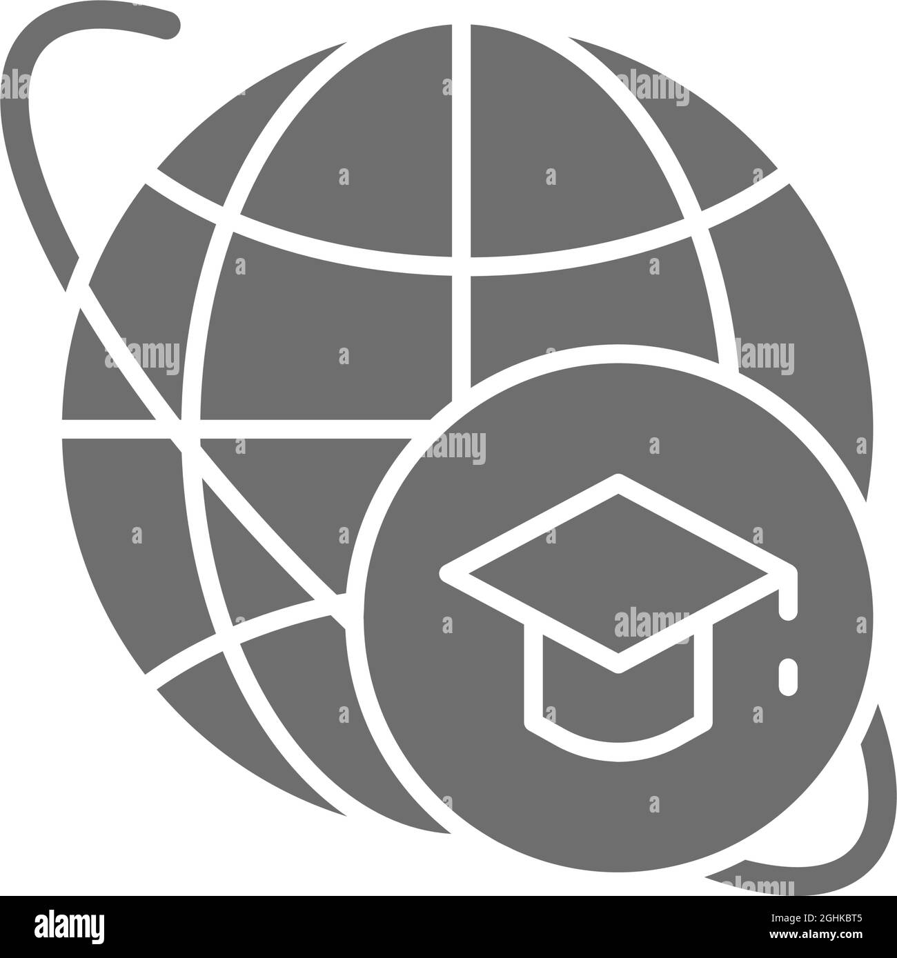Vector graduation cap and world, global education grey icon. Symbol and ...