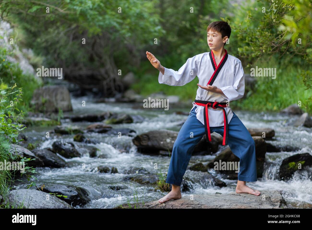 Karate boy practicing defensive position during training outdoors in ...