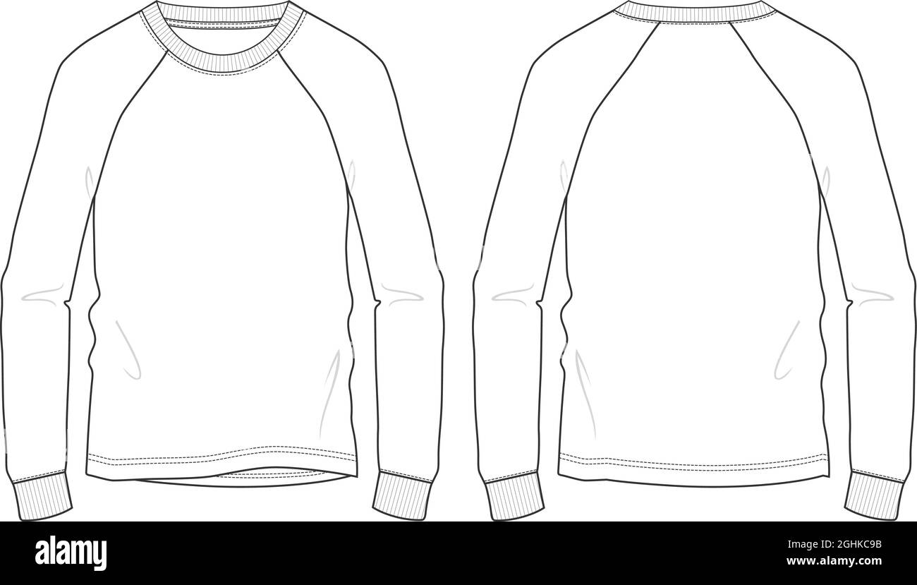 Long sleeve Raglan sweatshirt overall technical fashion flat sketch vector template front and ...