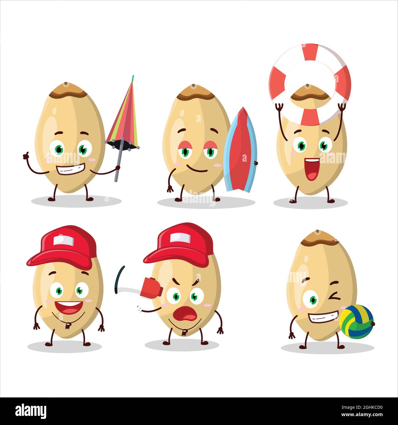 Happy Face pine nuts cartoon character playing on a beach. Vector ...