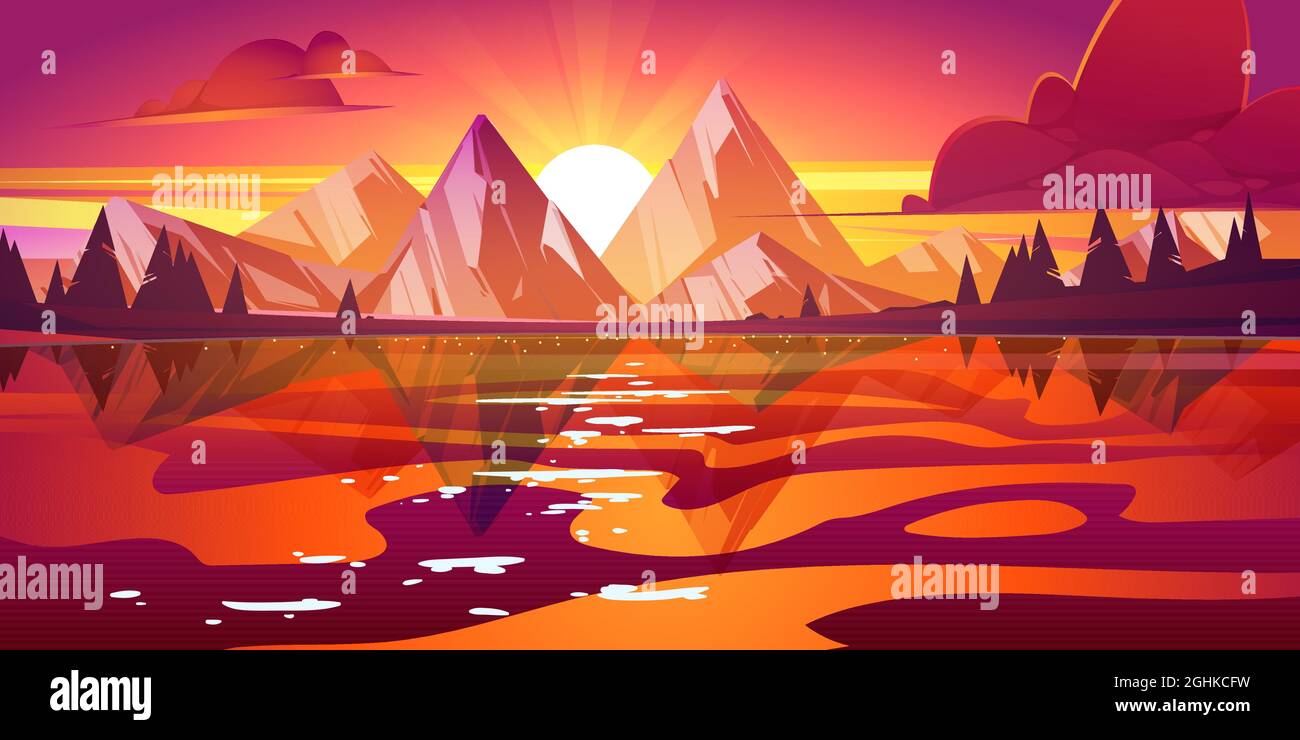 Sunset landscape with lake, mountains and trees on coast. Vector ...