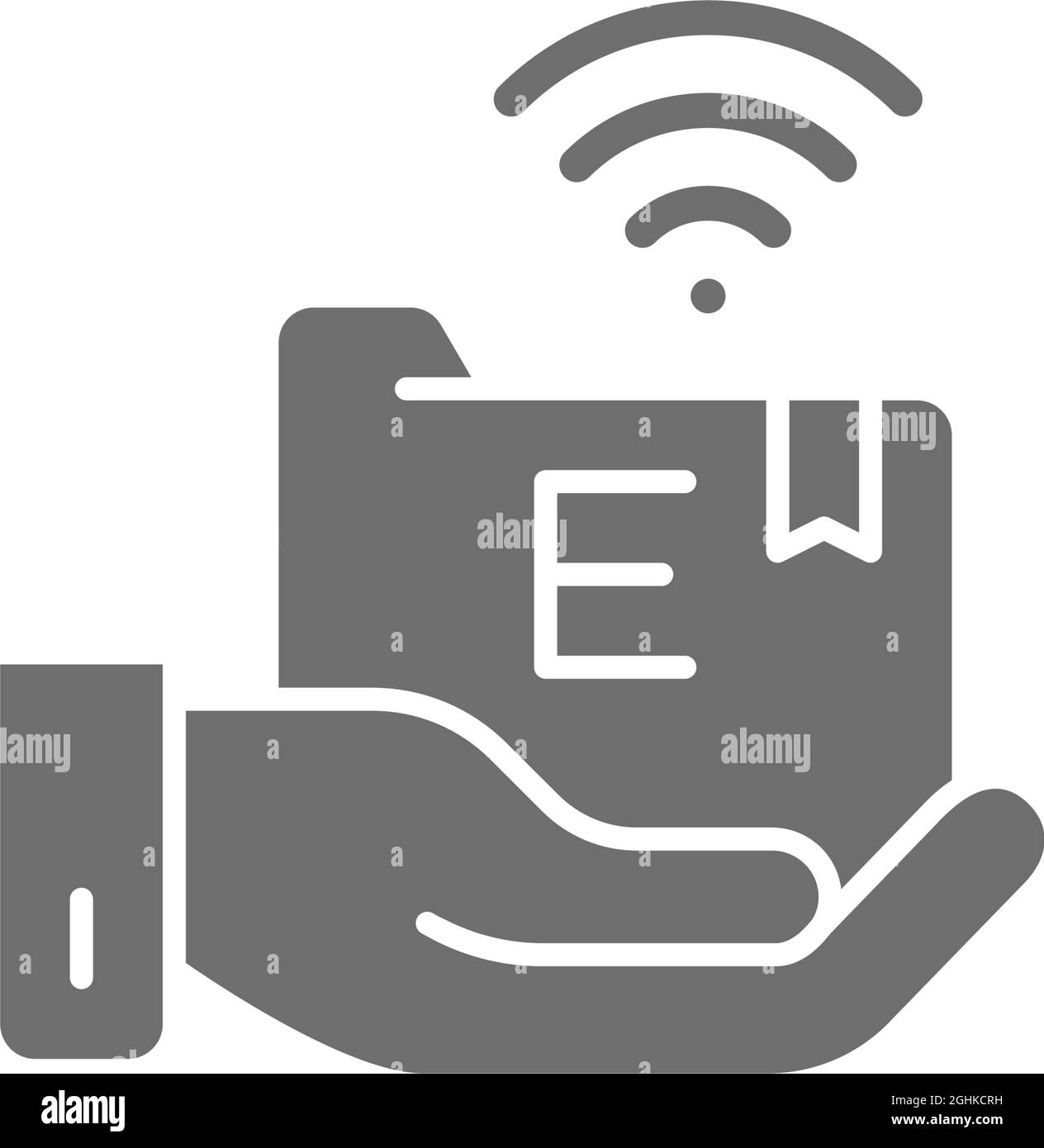 Hand holds e-learning folder, online education grey icon Stock Vector ...