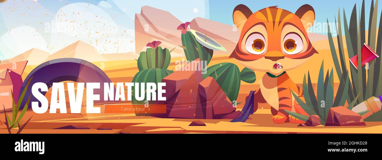 Save nature cartoon web banner, funny wild tiger cub in polluted ...