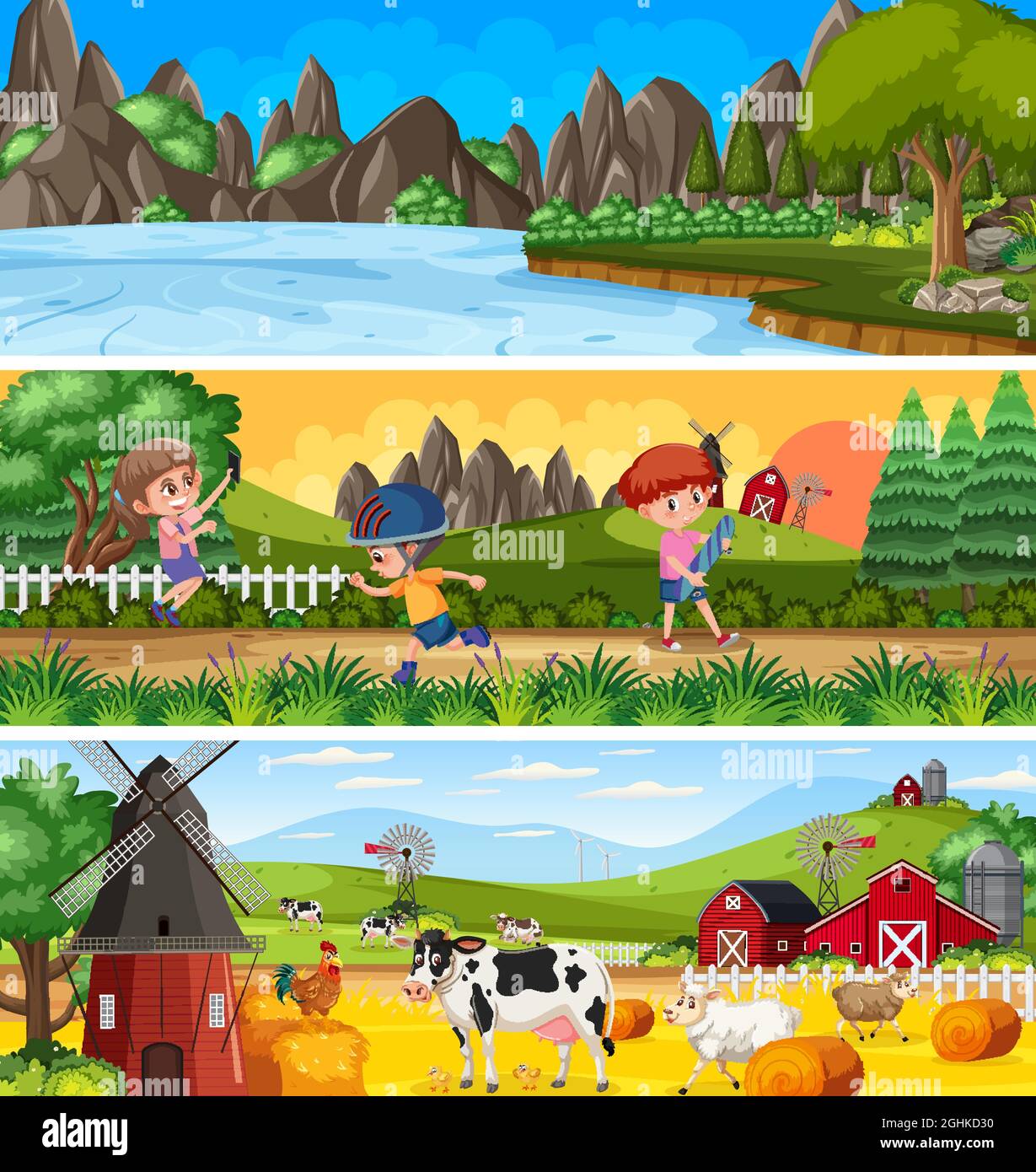 Different nature landscape at daytime scene with cartoon character ...