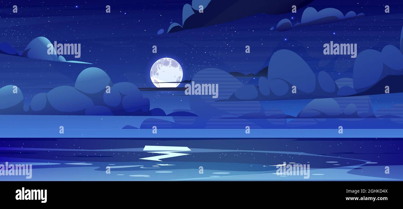 Sea landscape with moon, stars and clouds in dark sky at night. Vector ...