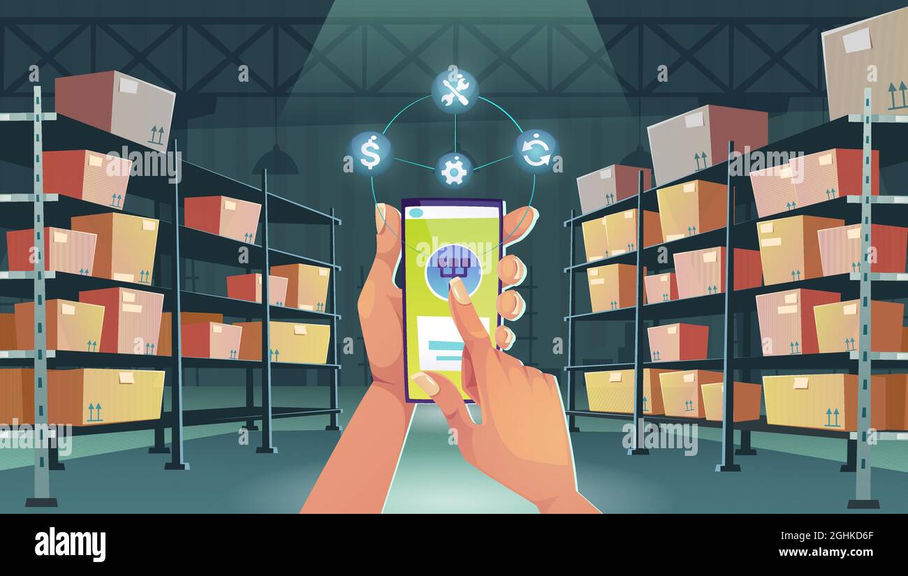 Hands with smartphone on warehouse interior background. Smart logistics ...