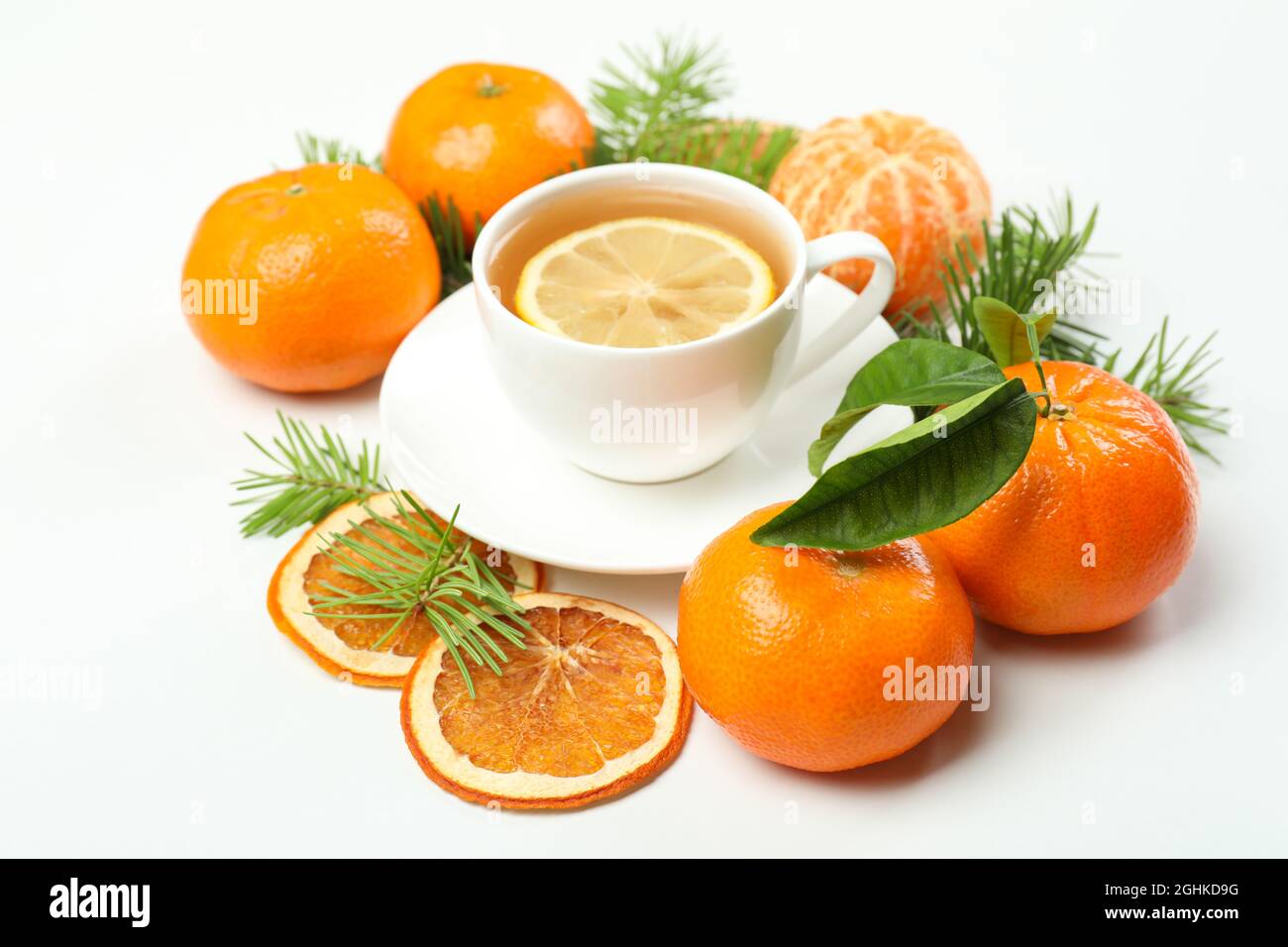 Concept of mandarin tea on white background Stock Photo - Alamy