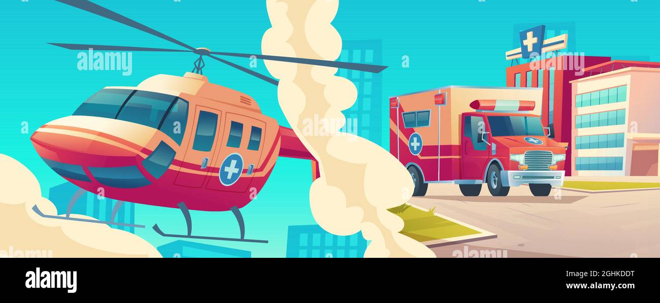 Ambulance service concept, medical helicopter and car rush to the ...