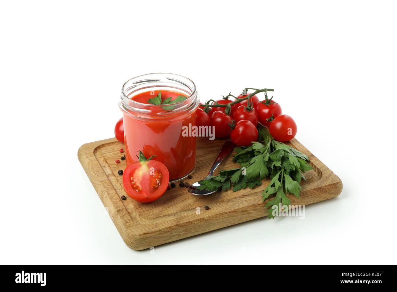 Board with Gazpacho and ingredients isolated on white background Stock ...