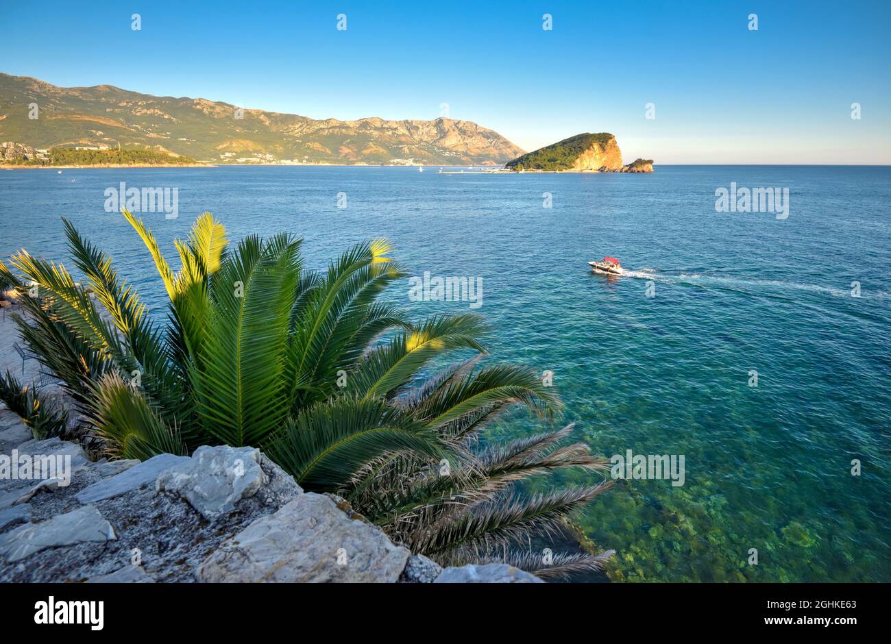 Montenegro – Bay of Budva looking at Island Sveti Nikola, Adriatic sea ...