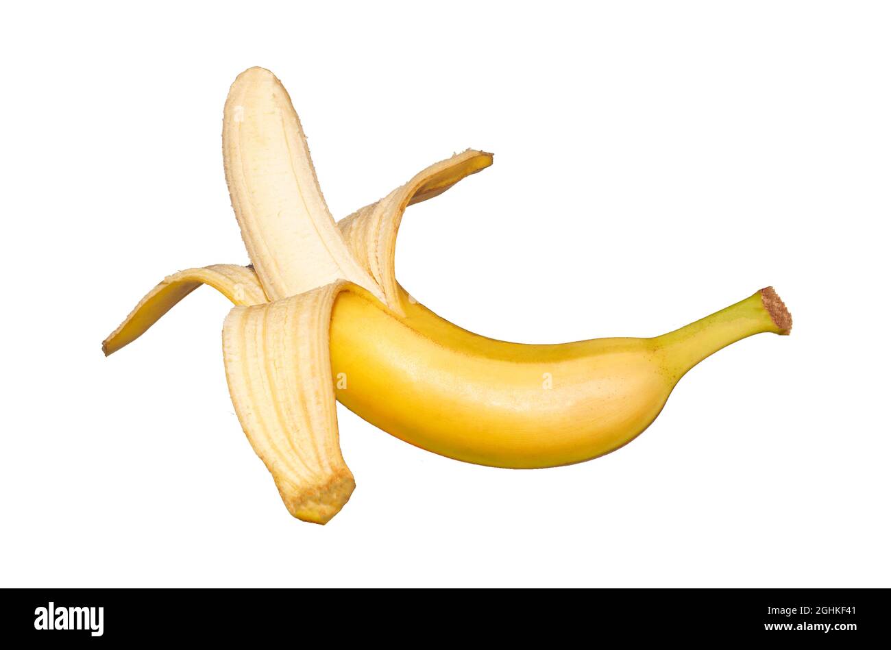 Peeled open banana isolated on white background Stock Photo - Alamy