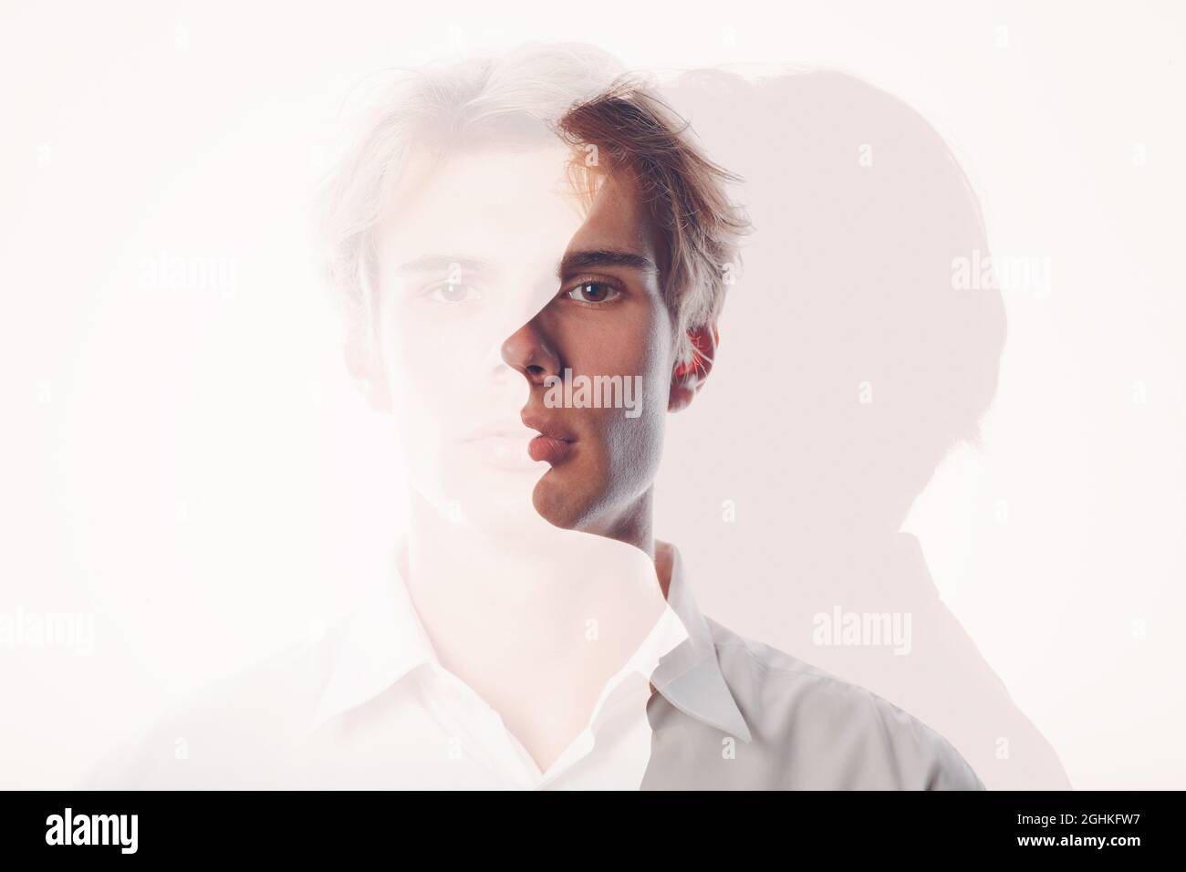 Multiple exposure portrait of young european caucasian man with serious ...