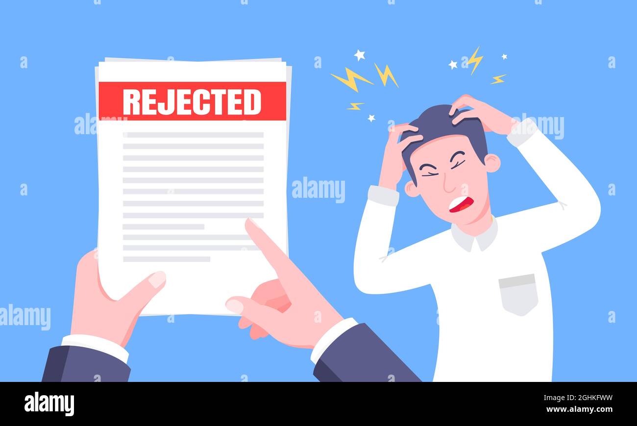 Sad man and an envelope with rejected application form flat style ...