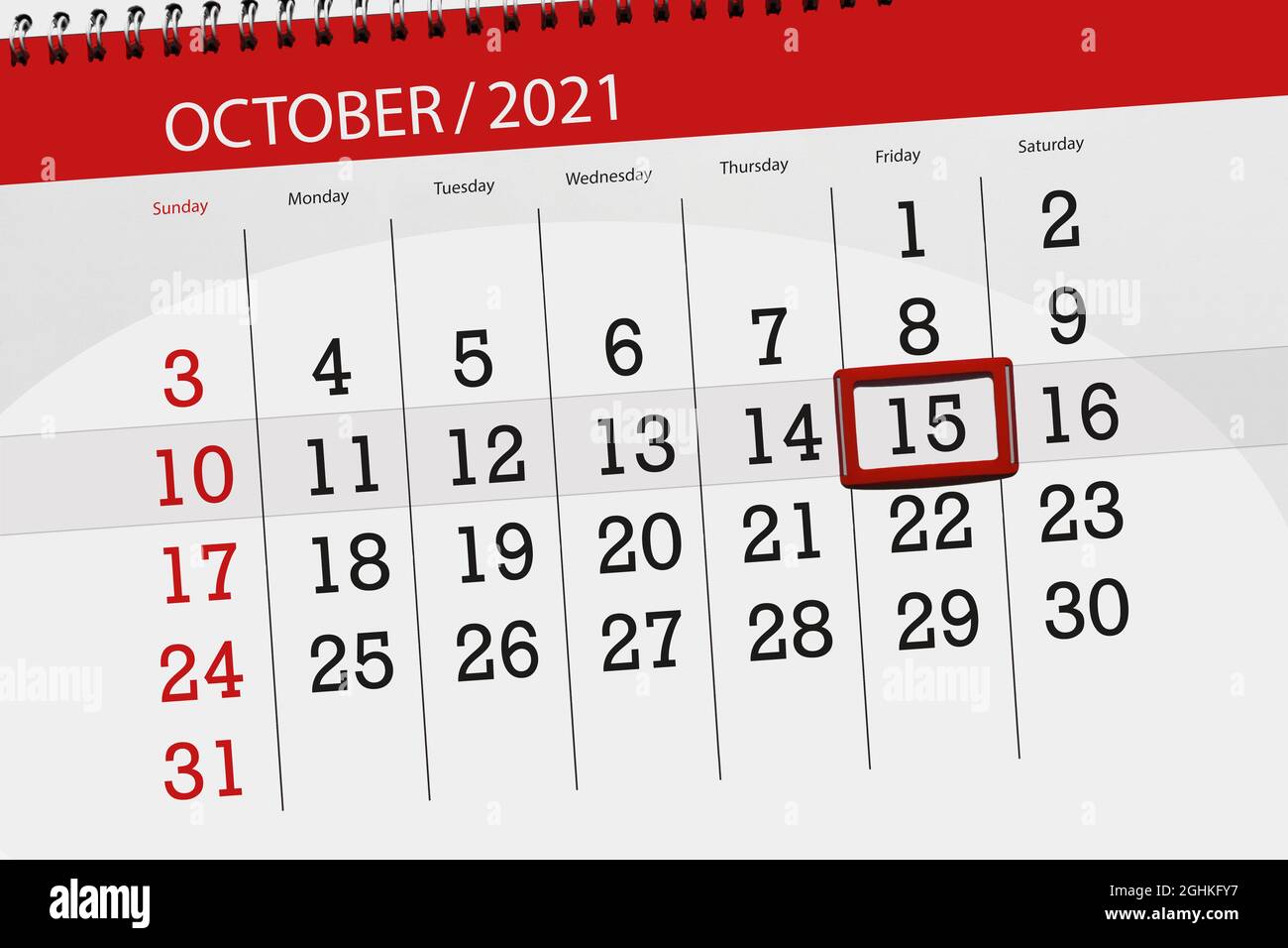 Calendar planner for the month october 2021, deadline day, 15, friday ...