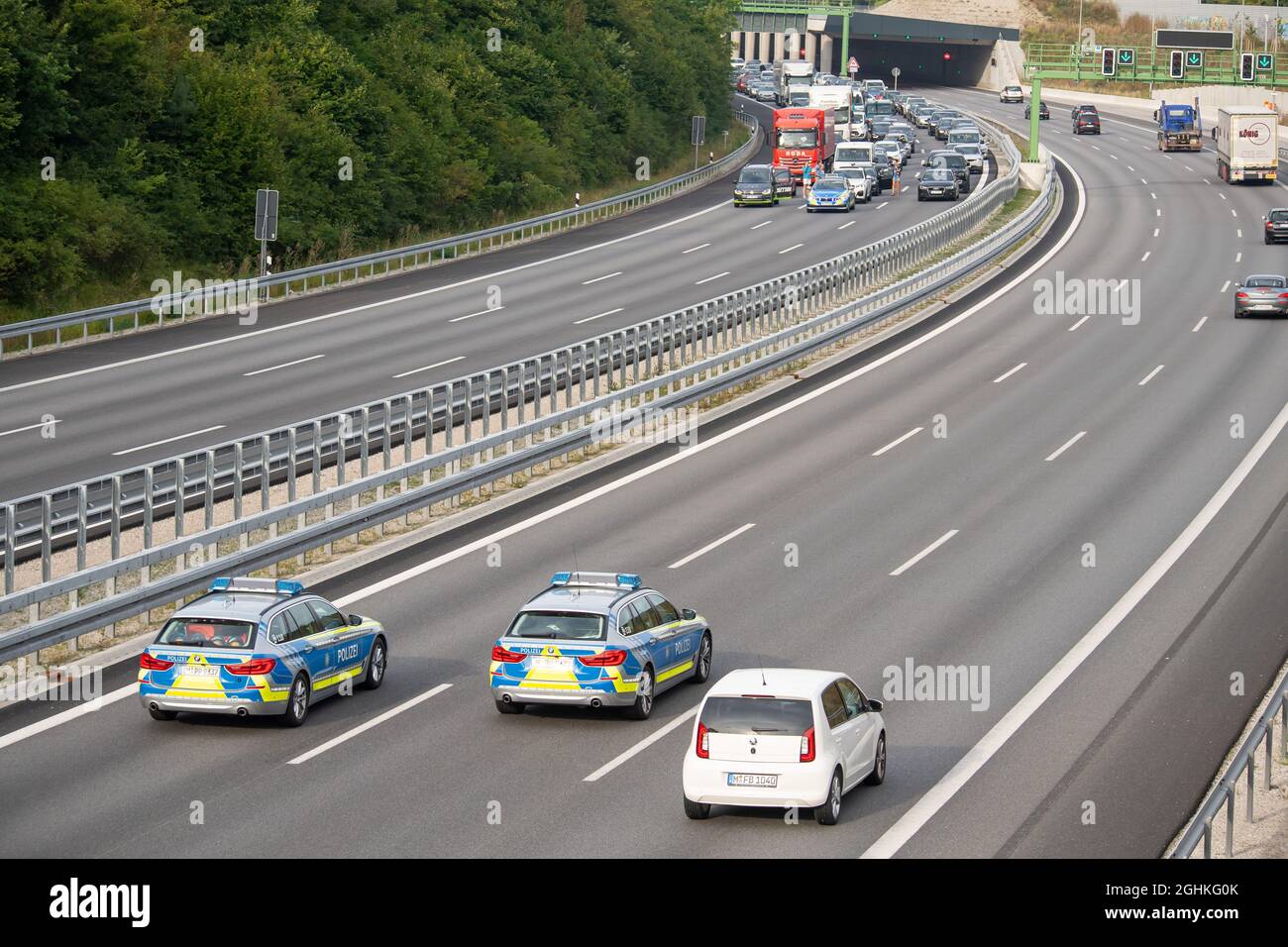 Munich, Germany. 07th Sep, 2021. Police officers block the motorway ...