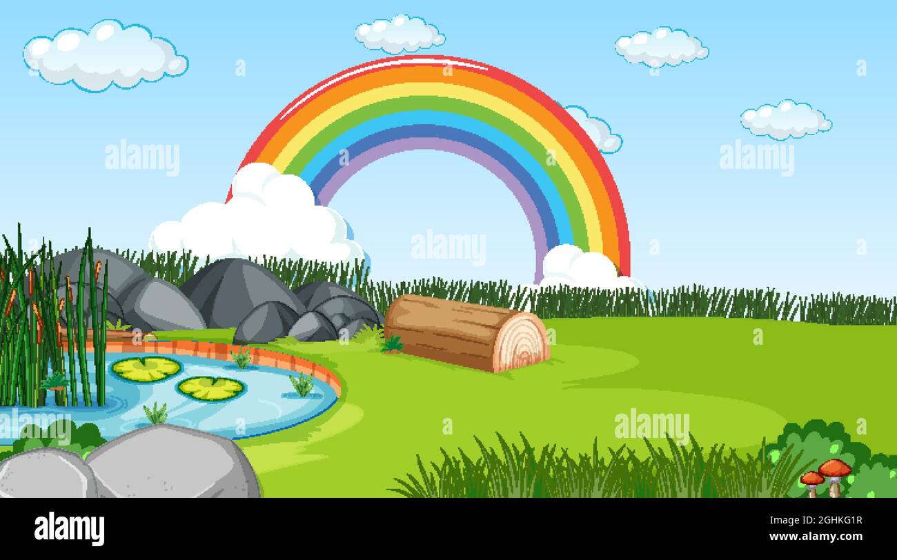 Nature scene background with rainbow in the sky illustration Stock ...
