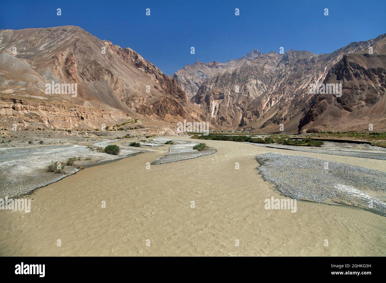 Tributary of Panj river and Pamir mountains. Panj is upper part of Amu ...