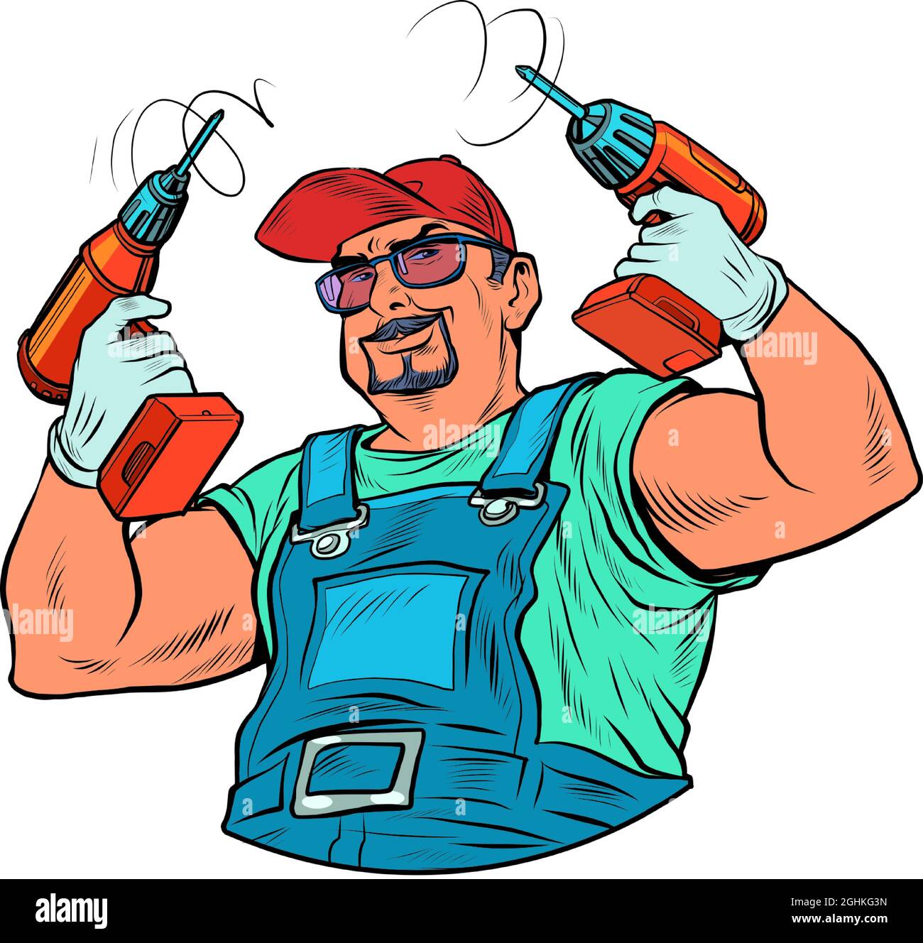 A male worker with a drill. Carpenter or builder, repair. Home power ...