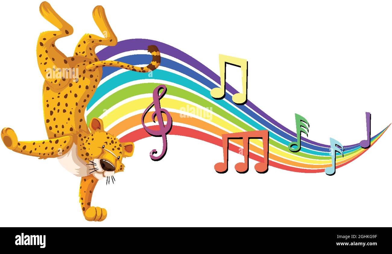 Leopard dancing with melody symbols on rainbow illustration Stock ...