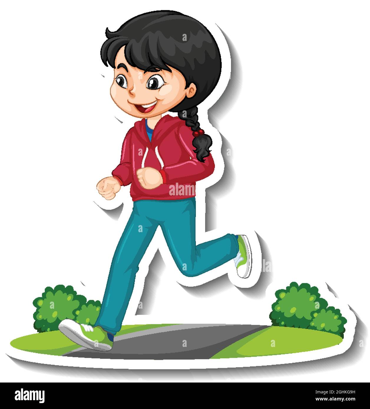 Cartoon character sticker with a girl jogging on white background ...
