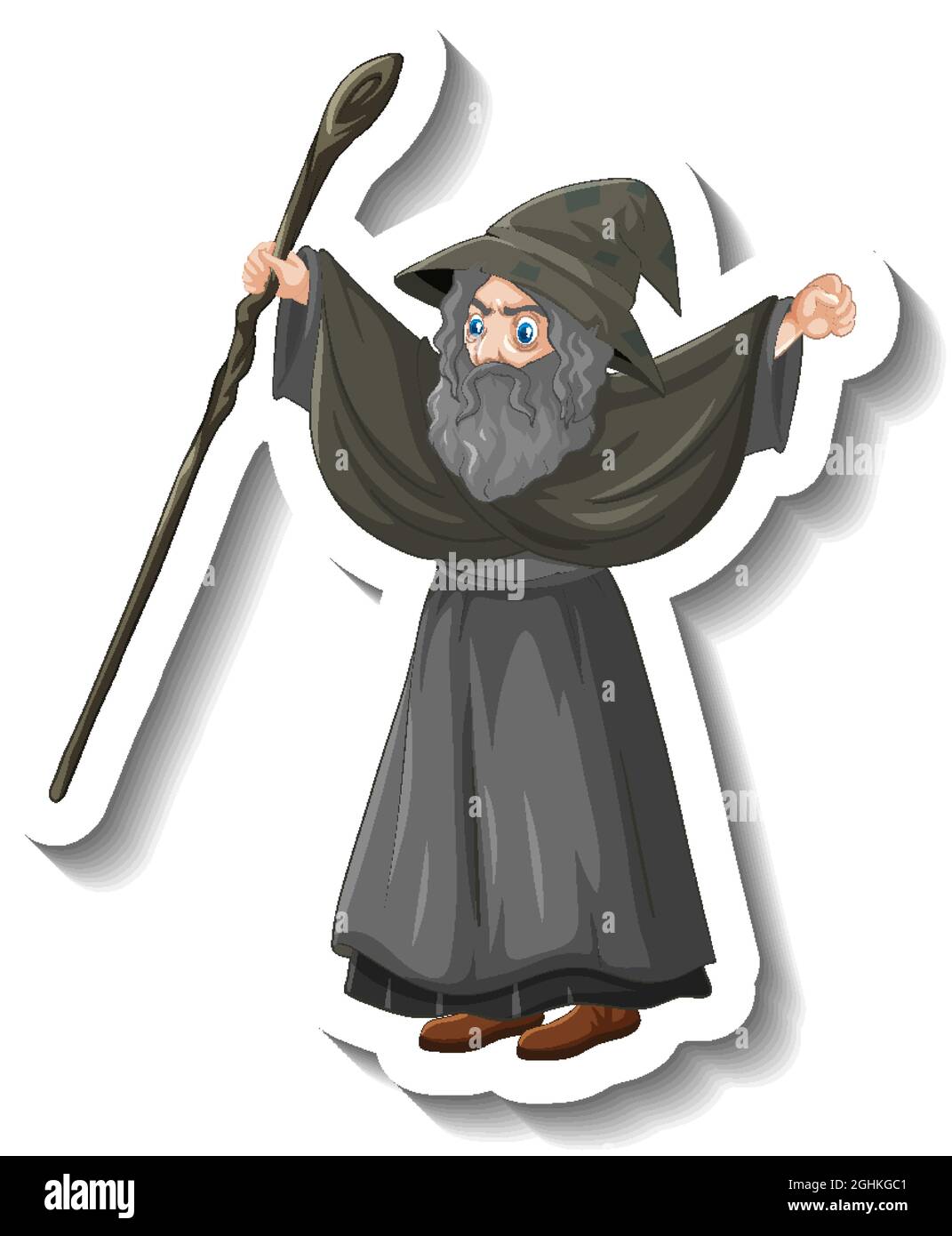 Old wizard holding staff cartoon character sticker illustration Stock ...
