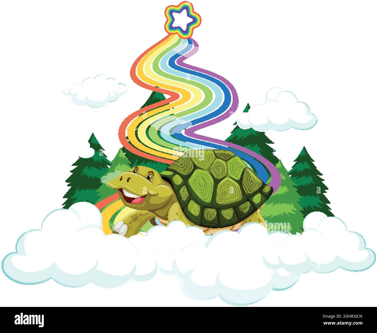 A turtle sitting on the cloud with rainbow on white background ...