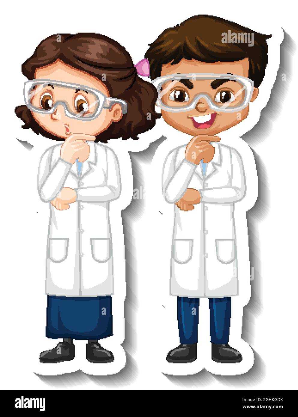 Cartoon character sticker with couple scientists in science gown ...