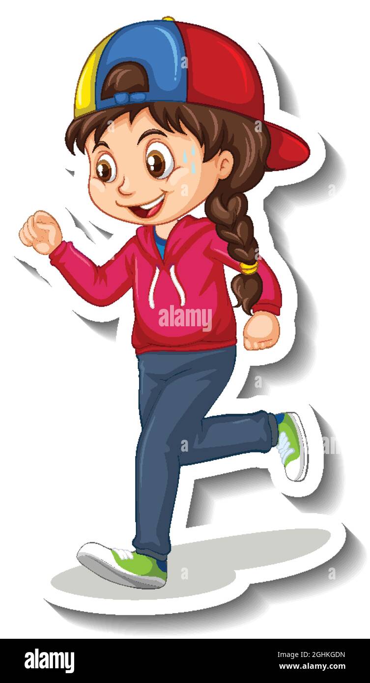 Cartoon character sticker with a girl jogging on white background ...