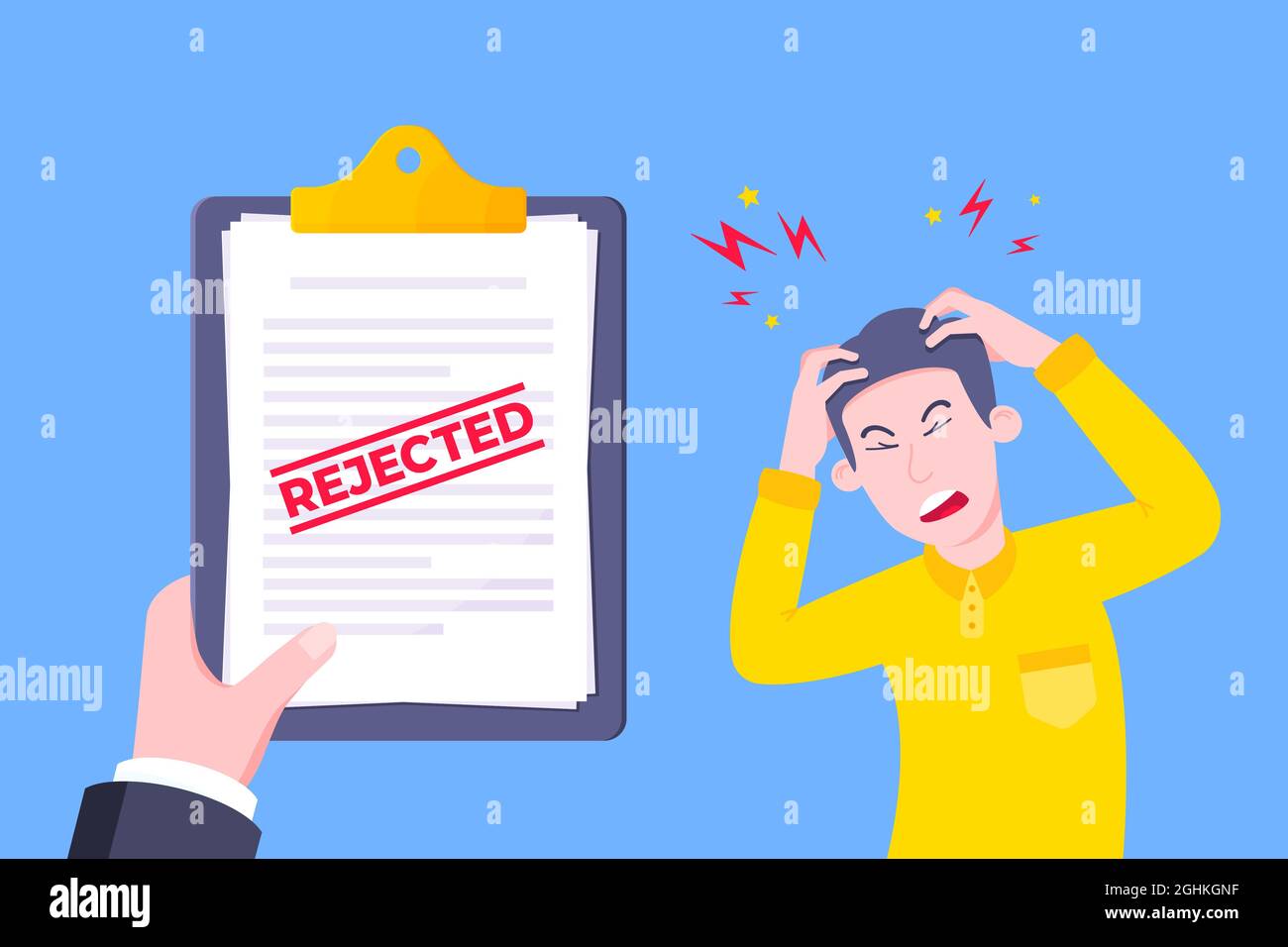 Sad man and an clipboard with rejected application form flat style ...