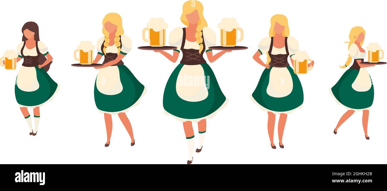Beer maids at Octoberfest semi flat color vector characters Stock ...