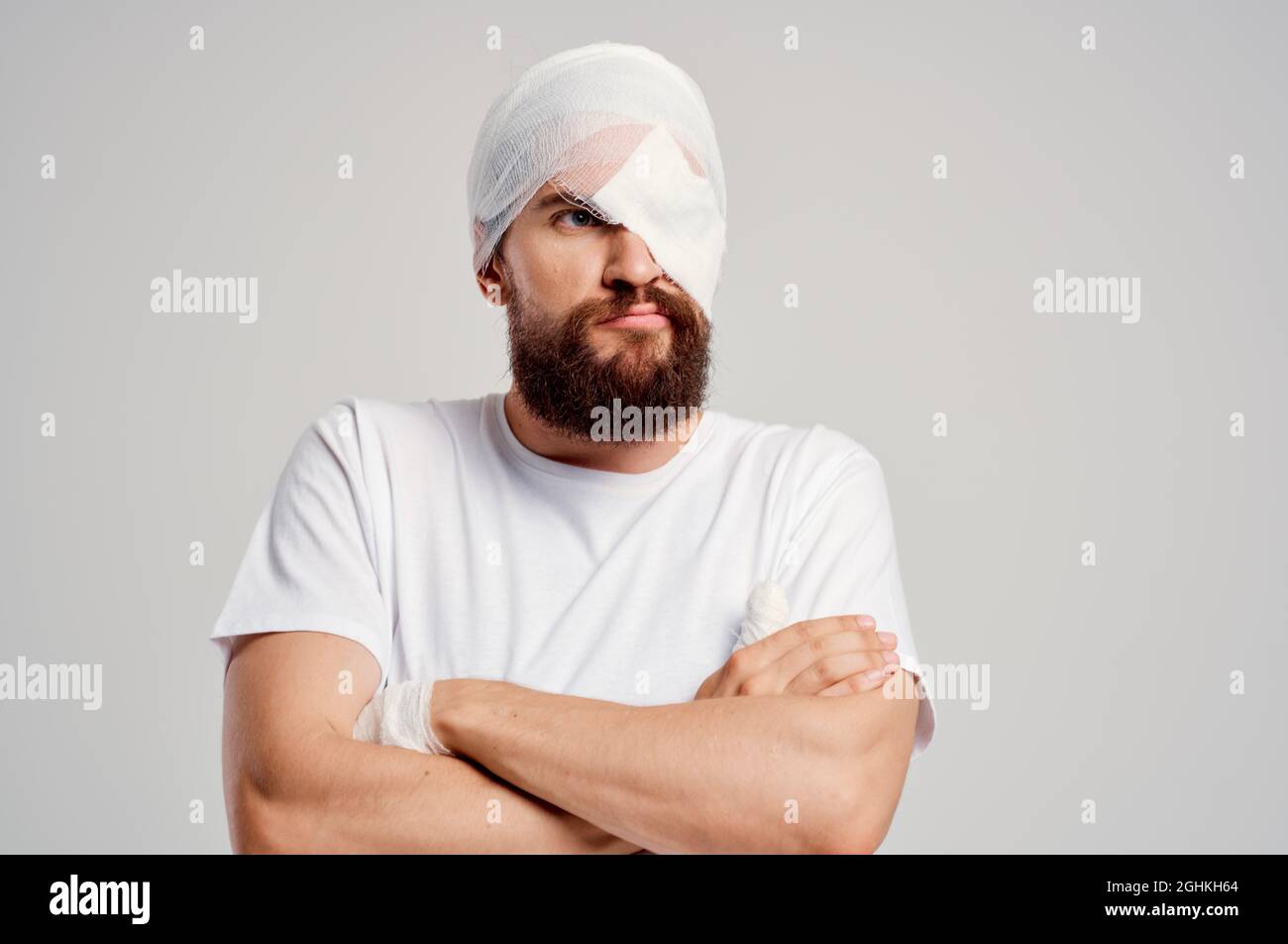 bearded man head injury health problems emotions isolated background ...
