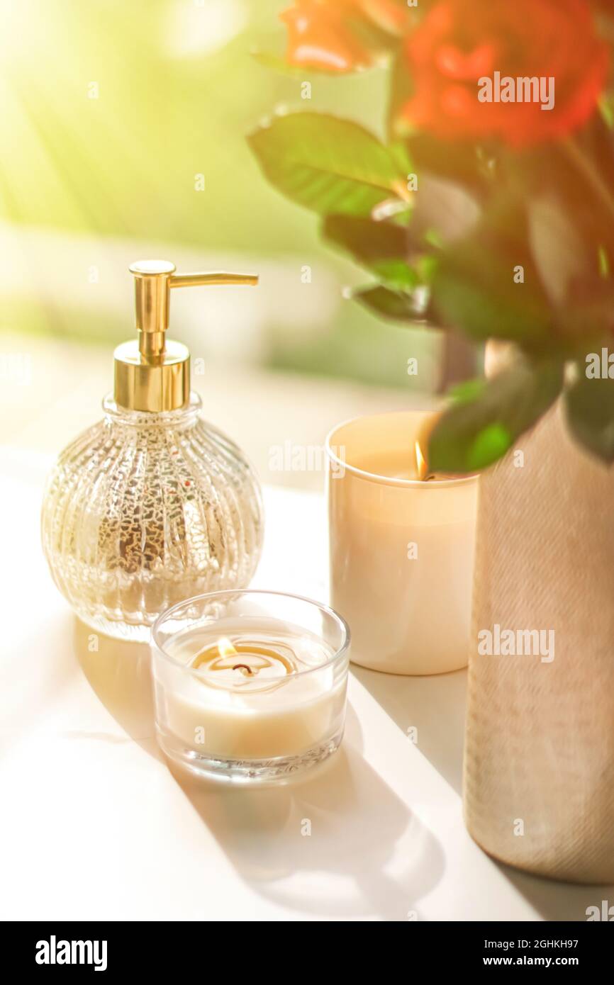 Scented candles collection as luxury spa background and bathroom home ...