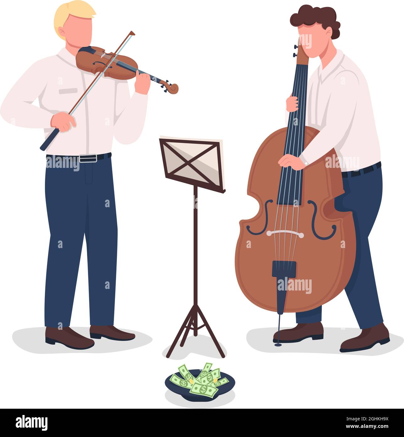Violinist and cello player performance semi flat color vector ...