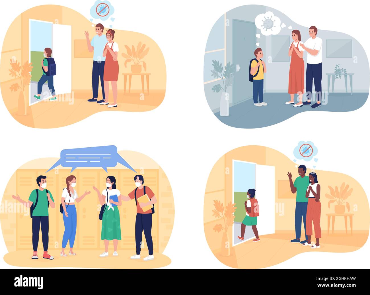 After pandemic returning to school 2D vector isolated illustration set ...