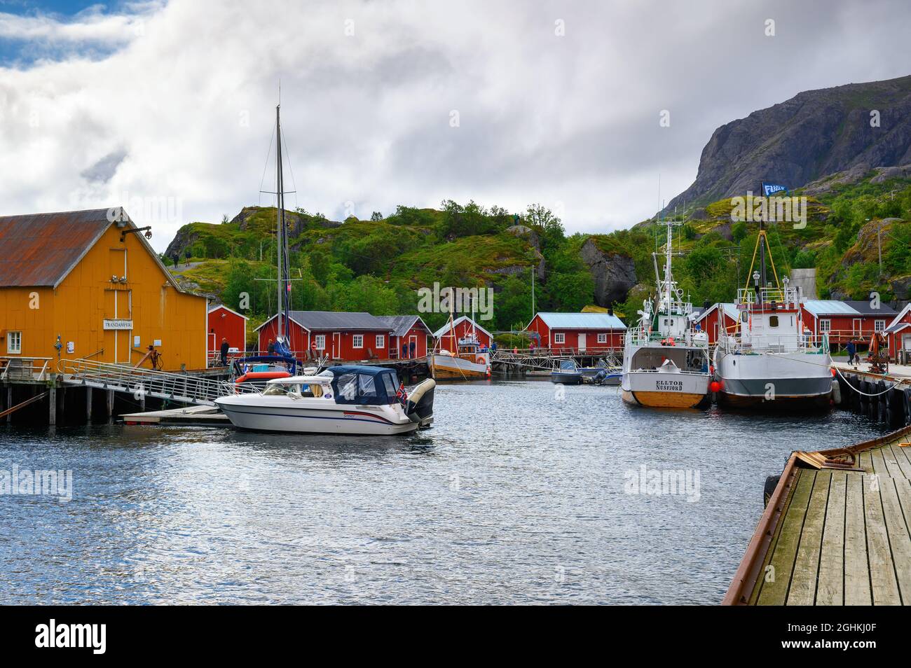 Harbor with fishing boats in Nusfjord, Lofoten Islands, Norway Stock ...