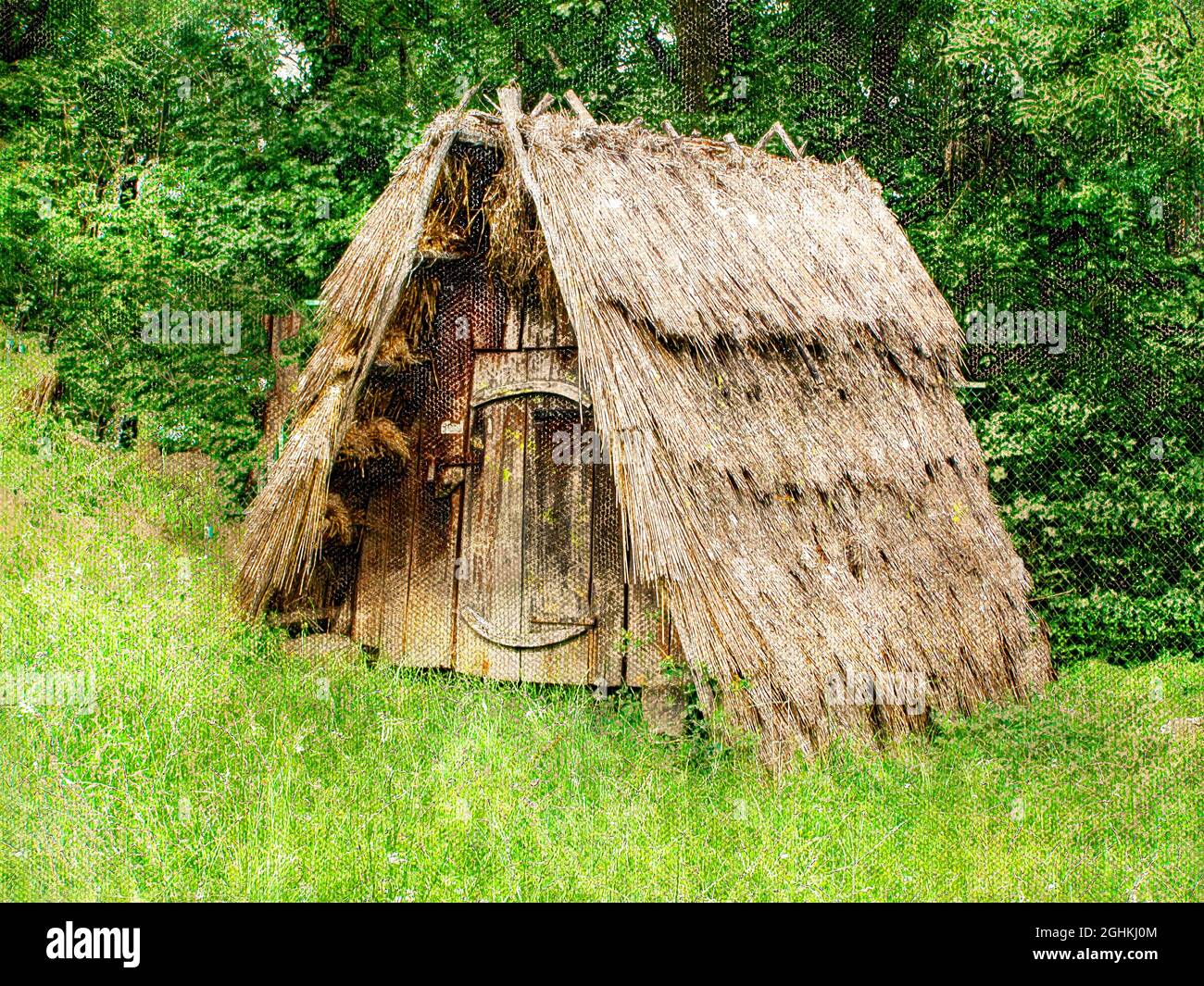 A small wooden hut under a sloping thatched roof. An old rustic ...