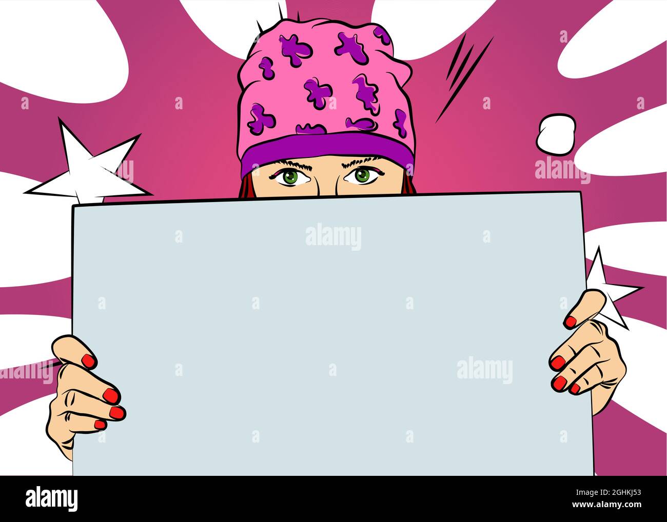 Comic book illustrated happy woman behind a blank board. Portrait of ...