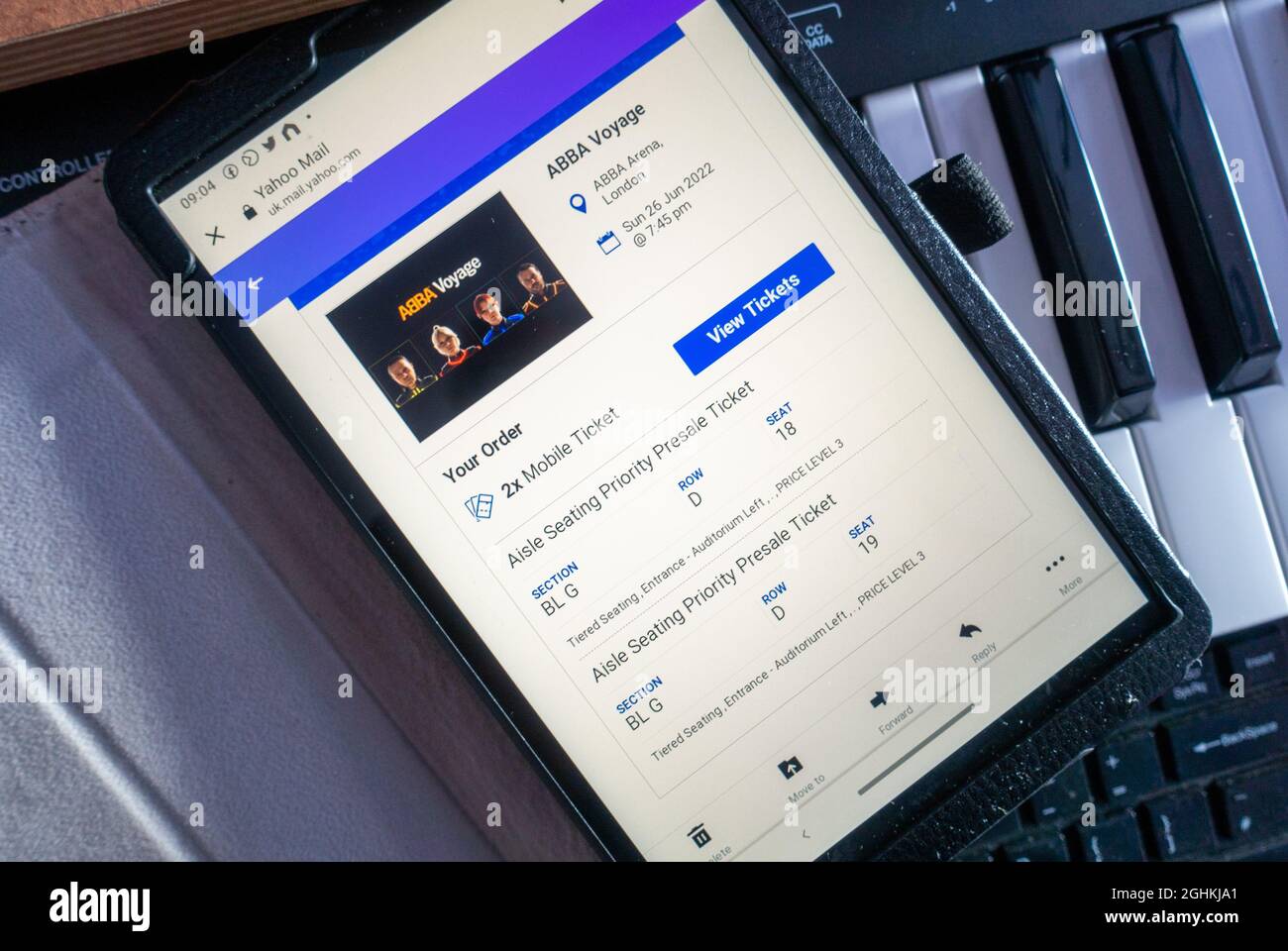 Tablet screen showing tickets available for booking the ABBA avatar ...